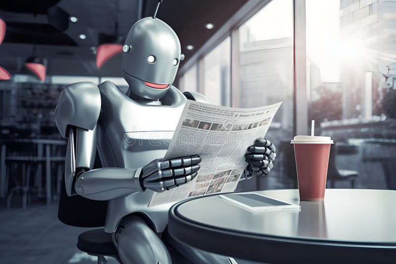 A Robot Reads a Newspaper in a Cafe, Generative AI 2 Stock Illustration ...