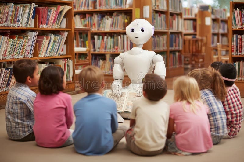 Robot Reads Storybook To Group of Children in Library Setting Stock ...