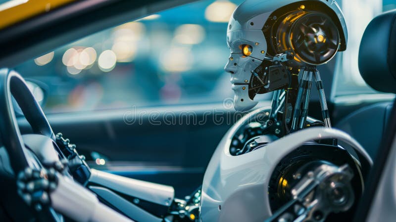The Robot is Realistically Driving the Car in a Close-up View. Stock ...