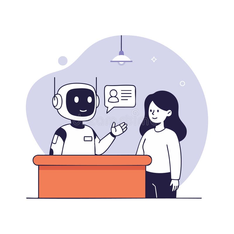 Robot Receptionist Assisting Woman at Desk in Modern Office Vector ...