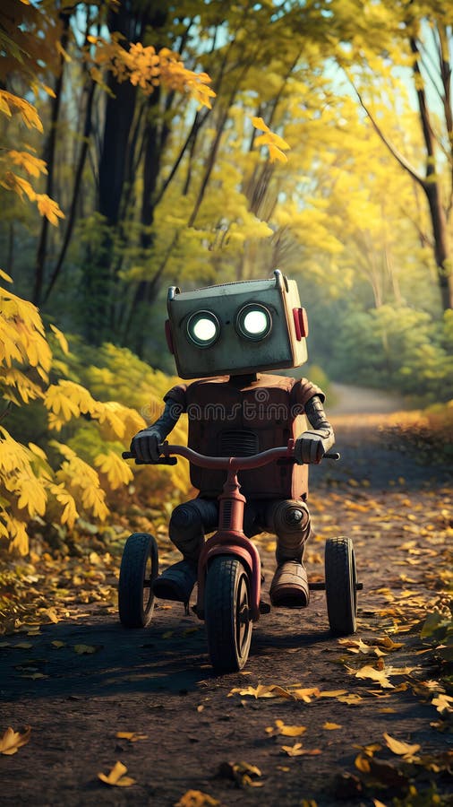 Robot Rides Red Tricycle in Autumn Forest with Yellow Foliage Stock ...