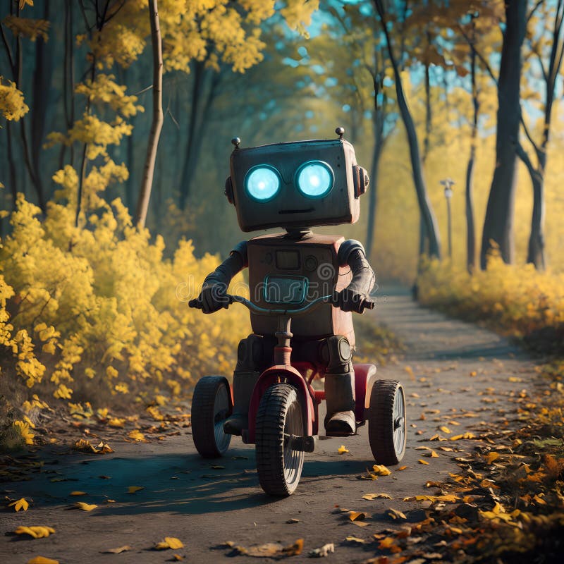 Robot Rides Red Tricycle in Autumn Forest with Yellow Foliage Stock ...