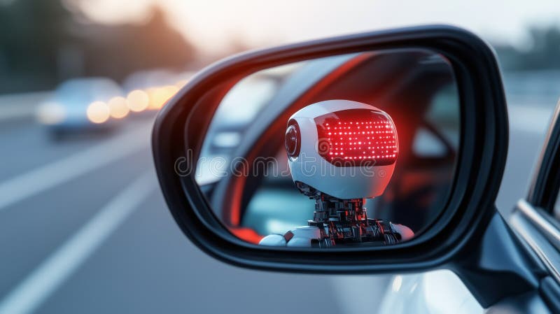Robot Reflected in Cars Side Mirror, Symbolizing Technologys Evolution ...
