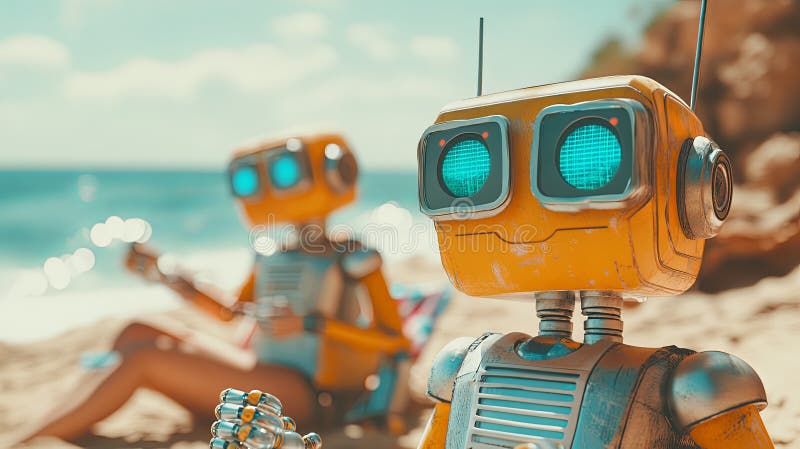Robot Relaxing on Beach stock photo. Image of alone - 374312946