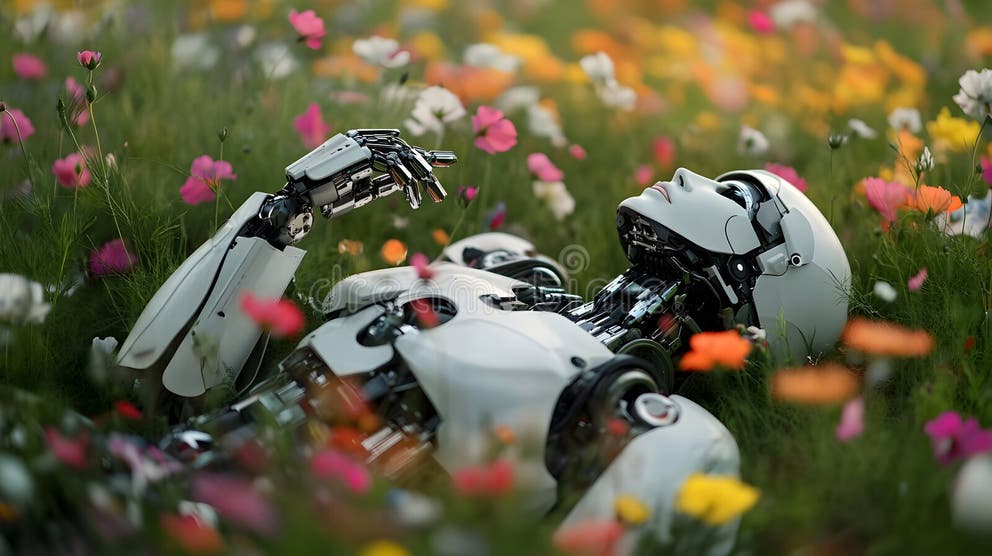 Robot Relaxing in Flower Field Under Sunny Sky Stock Image - Image of ...