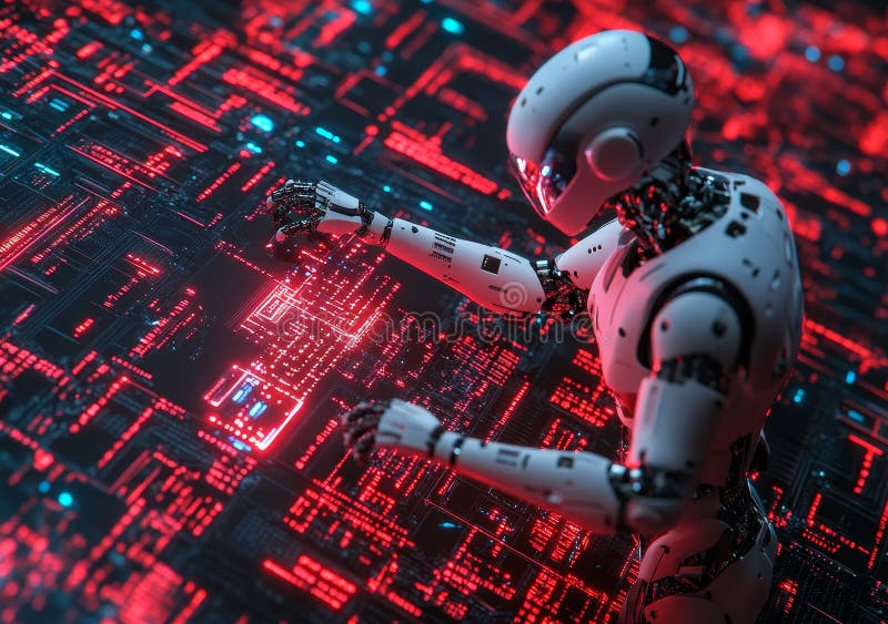 Robot Repairing Digital Interface with Glowing Circuits and Patterns ...