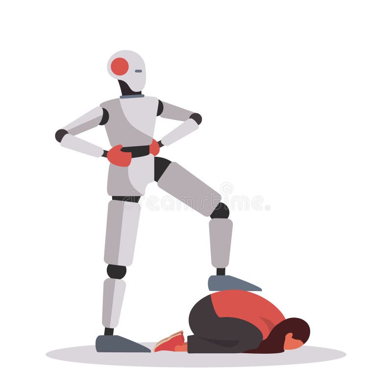 Robot Versus Human Flat Vector Illustration Set. Man Competing with ...
