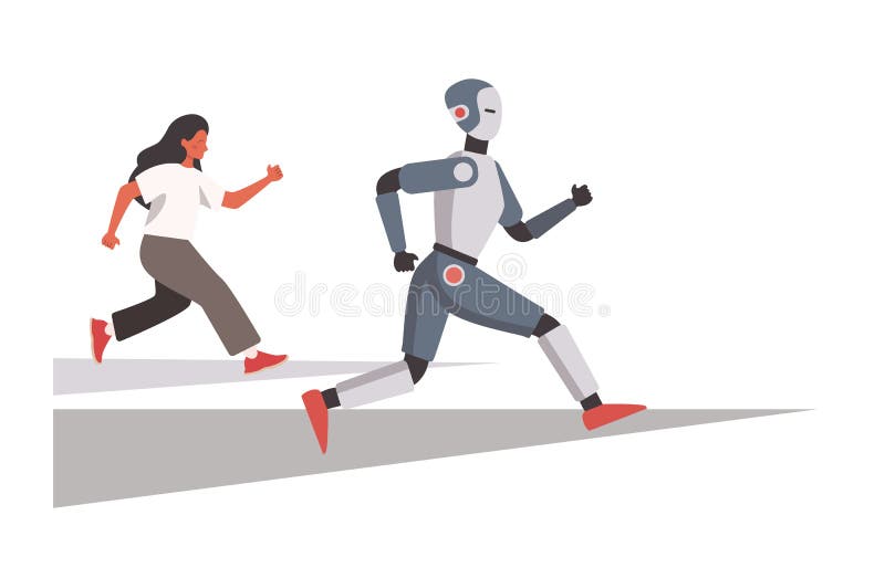 Robot Versus Human Flat Vector Illustration Set. Man Competing with ...