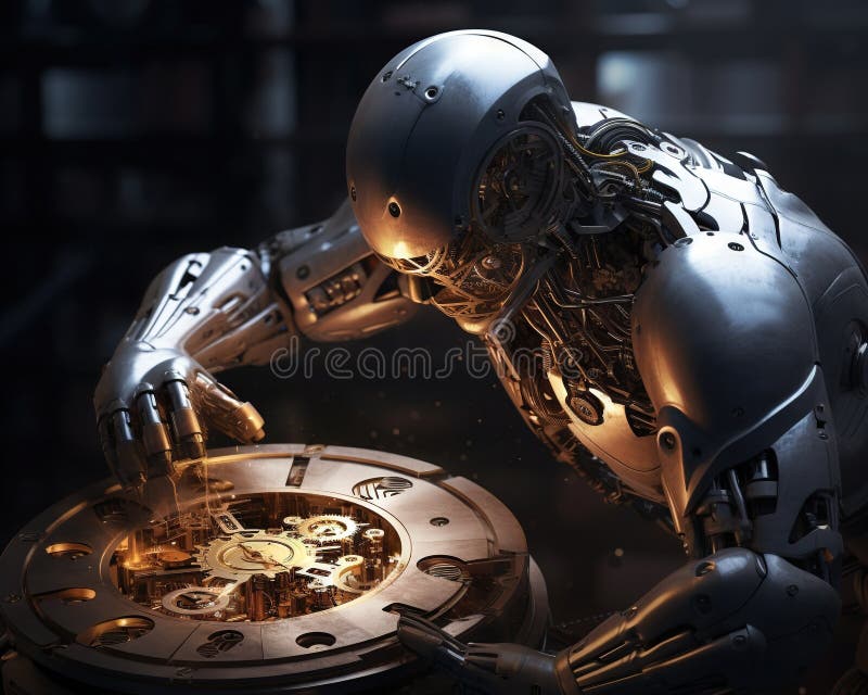 Robot is repring a clock. stock illustration. Illustration of time ...