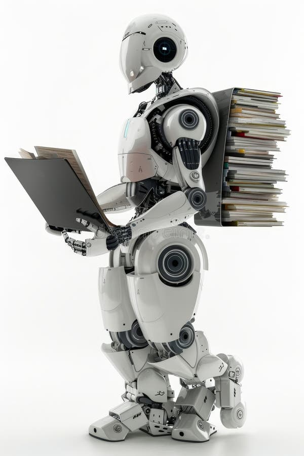 Robot Researcher Analyzing Data on Laptop with File Stack Stock ...