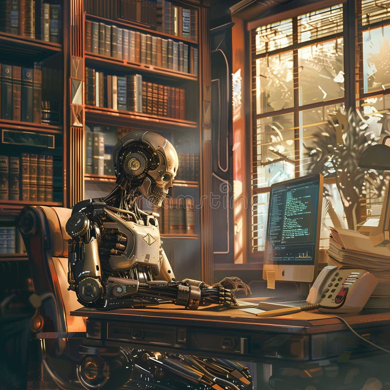 Robot Researching in Classical Library AI Generative Stock Photo ...