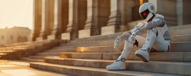 Robot Resting on Steps Outside an Old Building at Sunset. Stock Photo ...