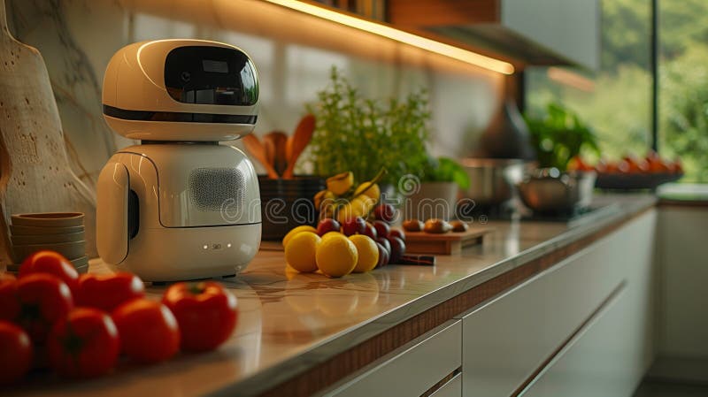 Robot Sitting on Kitchen Counter Stock Photo - Image of assistant, chef ...