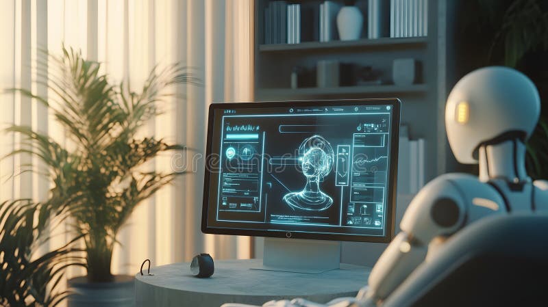 Robot Reviewing Data on Computer Screen in Modern Home Office Stock ...