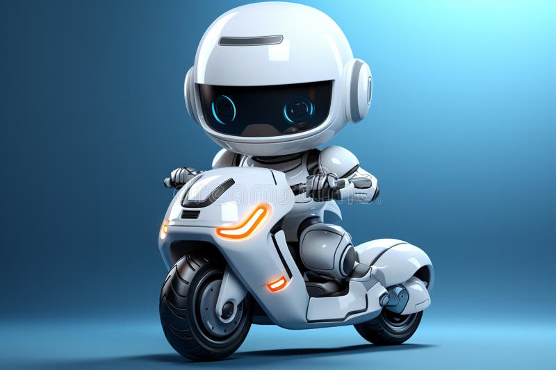 Robot Riding a Motorbike on Blue Background. 3D Rendering Stock ...