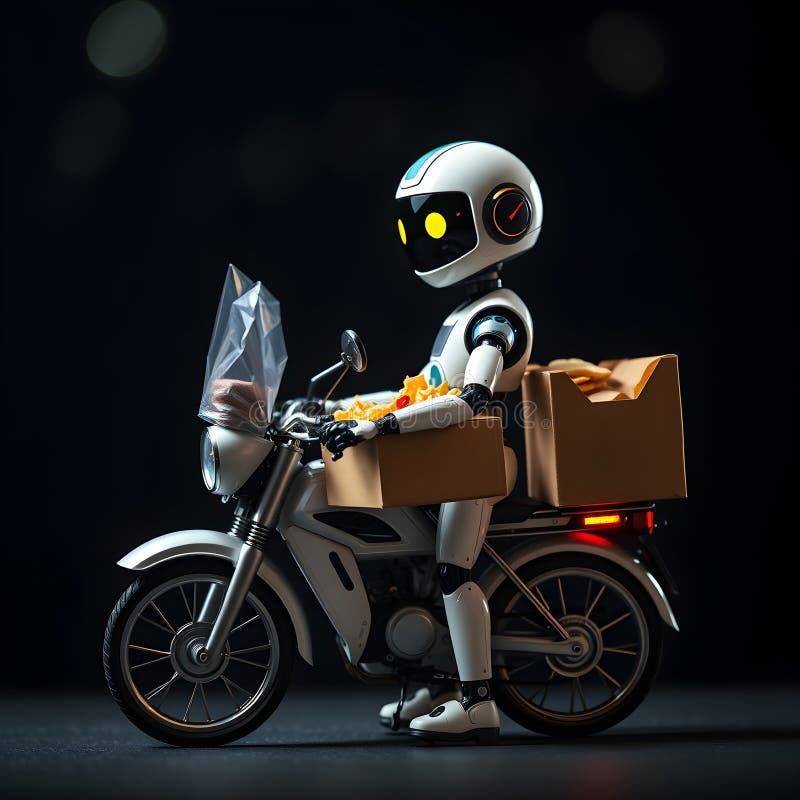 A Robot is Riding a Motorcycle with a Box on the Back Stock ...