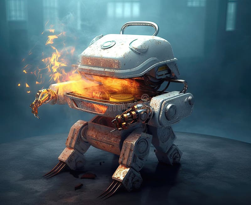 The Robot Roasts Meat on Coals. Cooking Meat on the Grill Stock ...