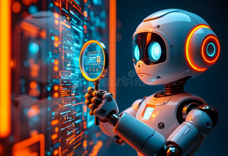 A Robot with a Round Head and Bright Blue Eyes Inspects Data Using a ...