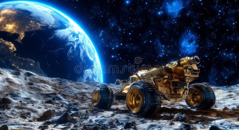 A Robot Rover is Exploring the Lunar Surface on the Moon with the Earth ...