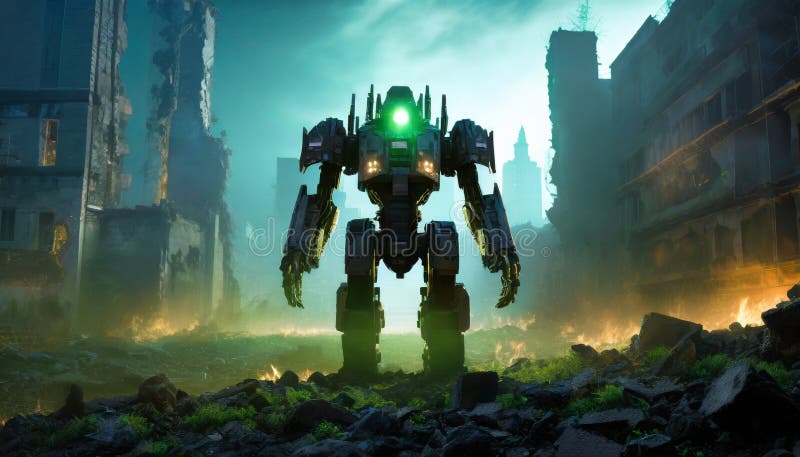 Robot in the Ruins of the City after the Apocalypse Stock Illustration ...