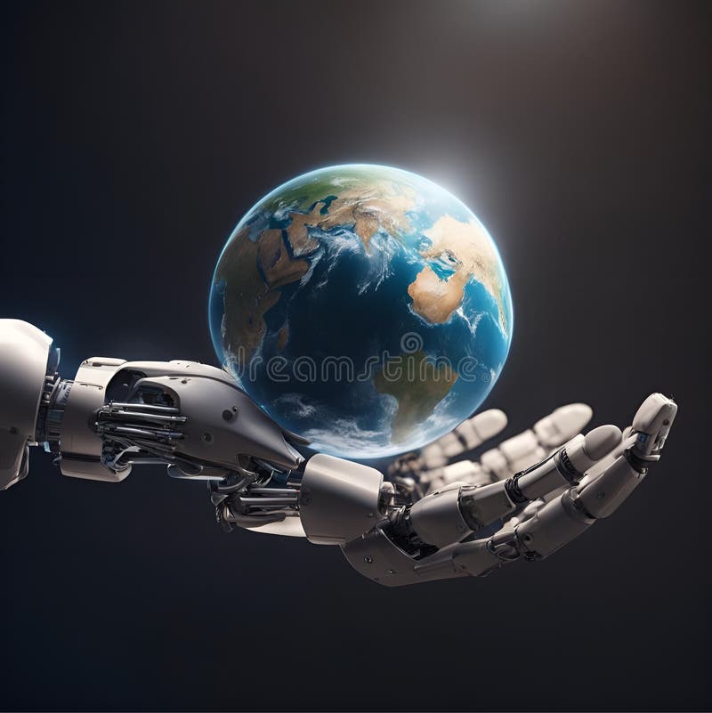 Robot Keeps the Earth Globe. Planet in Hands at High Technology Stock ...