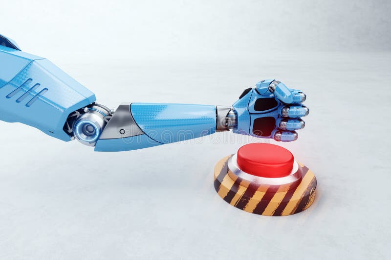 A Robot S Hand Presses a Red Button, Close-up, Light Background ...