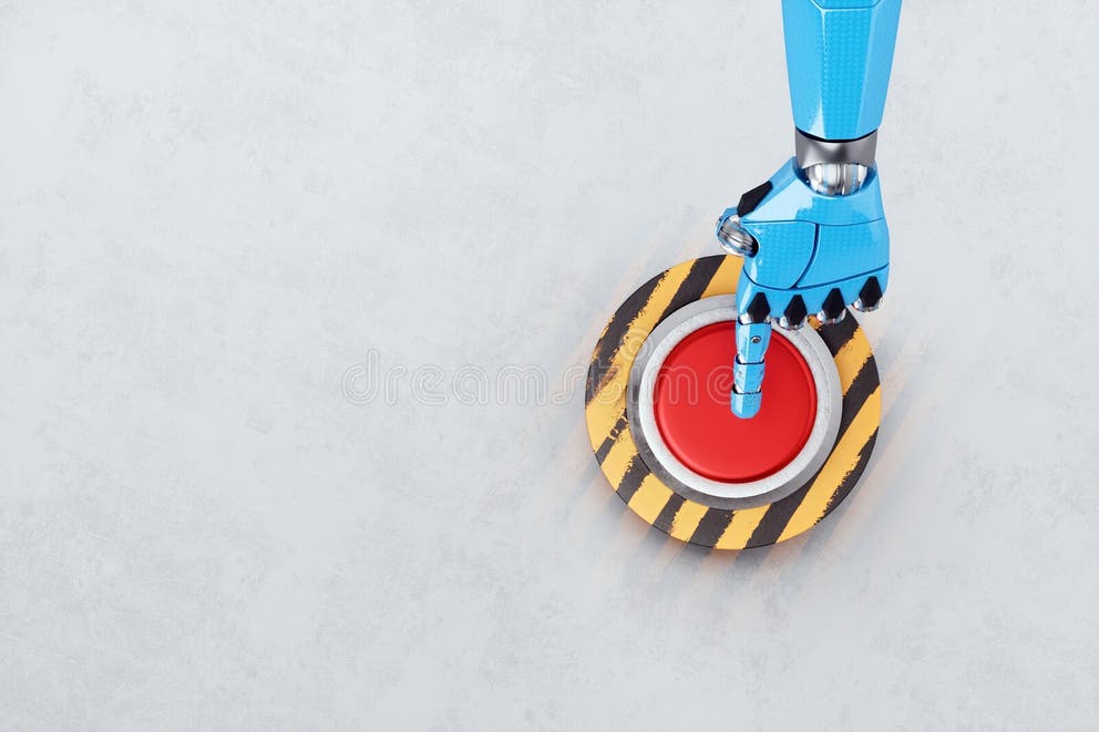 A Robot S Hand Presses a Red Button, Close-up, Light Background ...