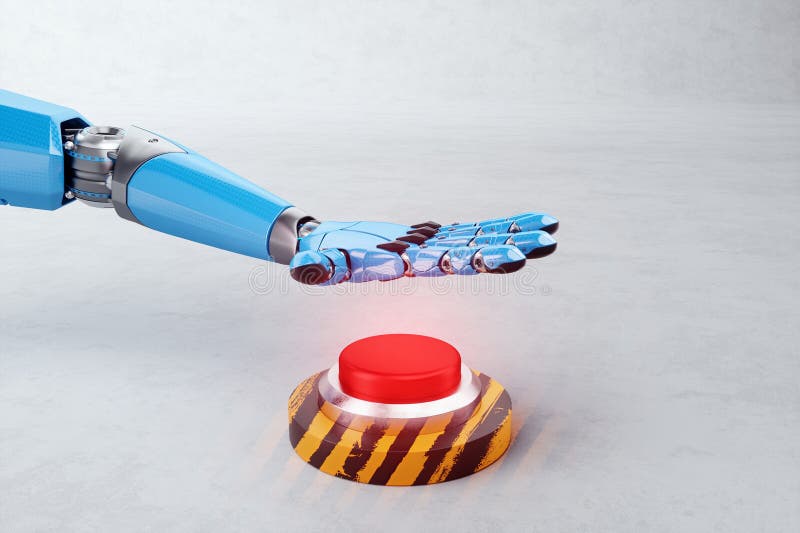 A Robot S Hand Presses a Red Button, Close-up, Light Background ...
