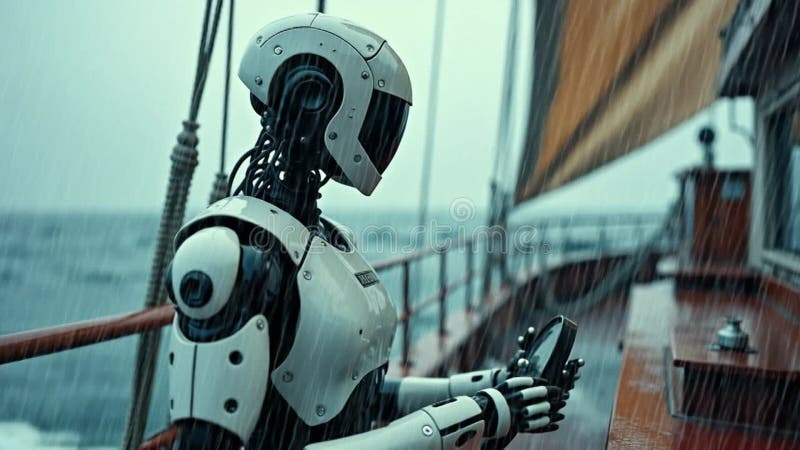 Robot Sailor Navigates through a Storm with Lightning Striking in the ...