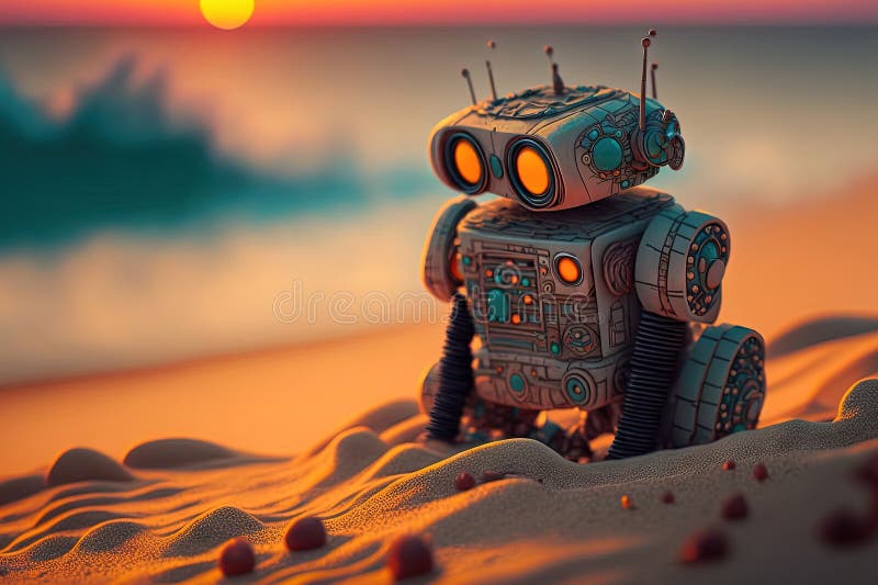 Robot on sand at sunset stock illustration. Illustration of concept ...