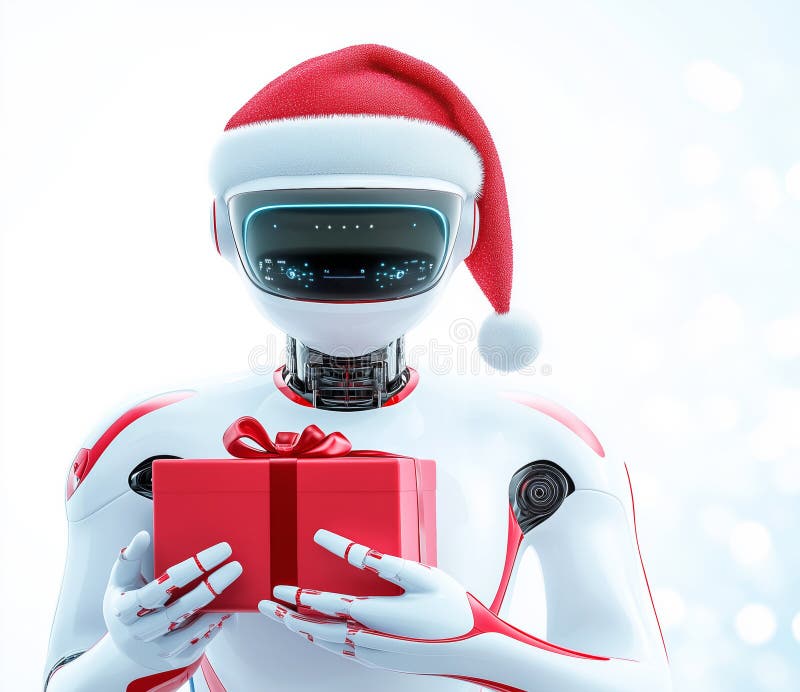 Robot in a Santa Hat Holds a Gift in a Bright, Festive Holiday Setting ...