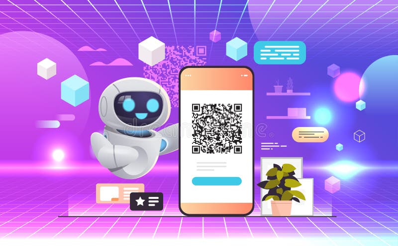 Robot Scanning Qr Code On Smartphone Screen Readable Barcode Verification Artificial