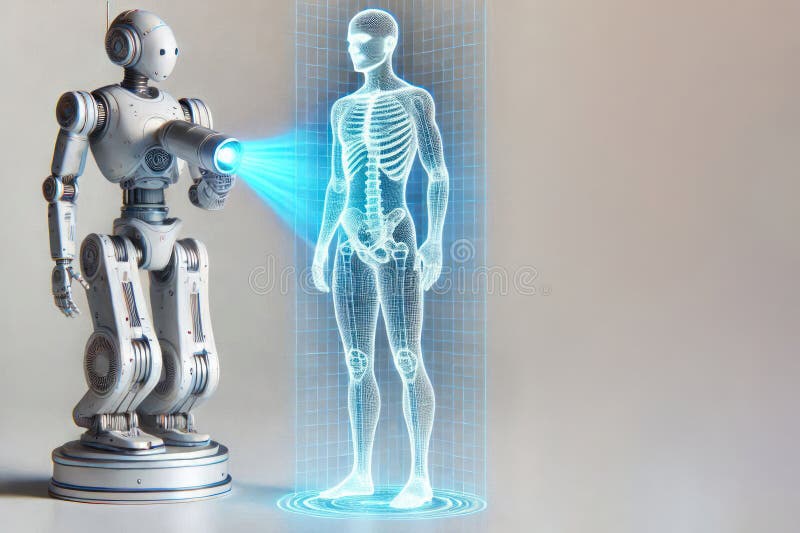 The Robot Scans a Holographic Image of a Human Skeleton. Space for Text ...
