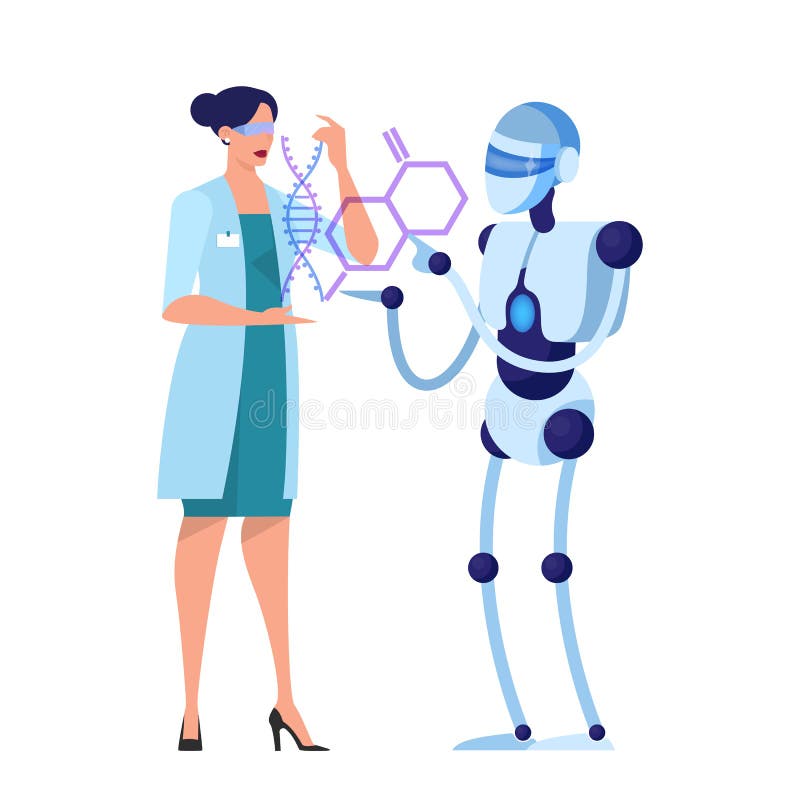 Robot Scientist Holding DNA Spiral Robotic Researcher Making Experiment ...