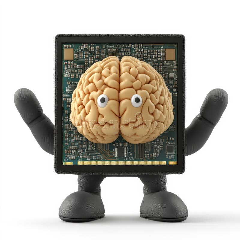 Robot with Screen Displaying a Human Brain Model Symbolizing Robotics ...