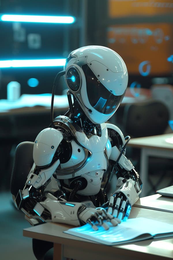 Robot Sitting at Desk with Laptop Stock Illustration - Illustration of ...