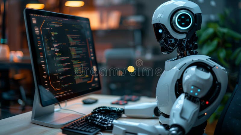 A Robot is Seated in Front of a Computer Monitor, Engaged in Programming or Data Analysis Stock ...