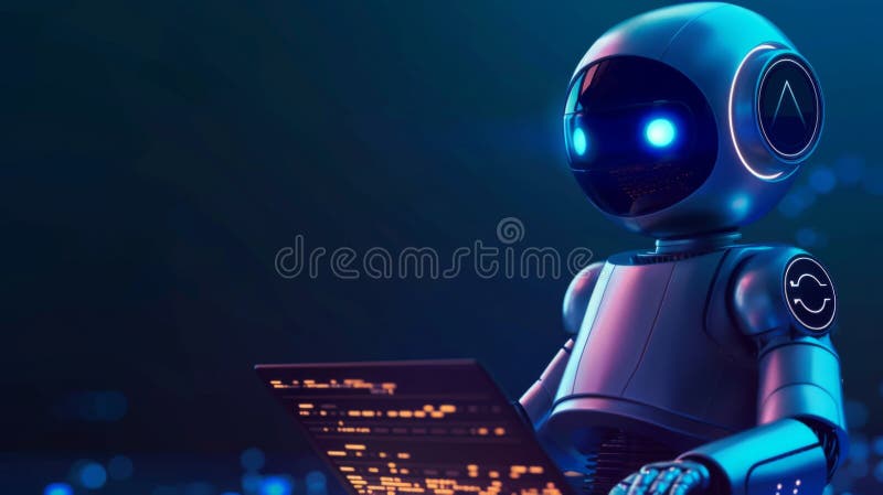 Robot Using Laptop for Work Stock Photo - Image of internet ...