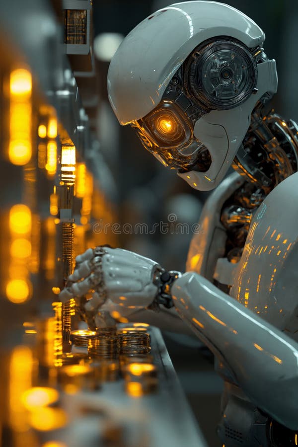 A Robot is Seen Standing in Front of a Dazzling Array of Lights. Stock ...
