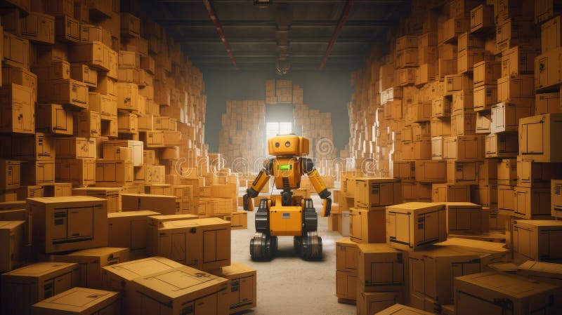 A Robot is Seen in a Warehouse, Surrounded by Boxes Stock Image - Image ...