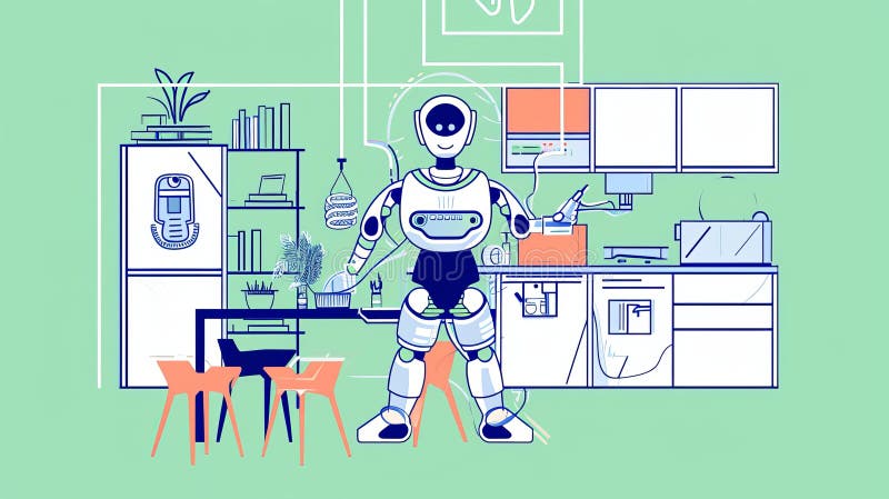 Robot Server in Minimalist Kitchen Stock Illustration - Illustration of ...