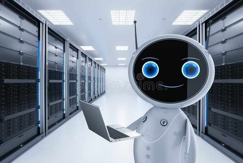 Robot in server room stock illustration. Illustration of center - 147338361