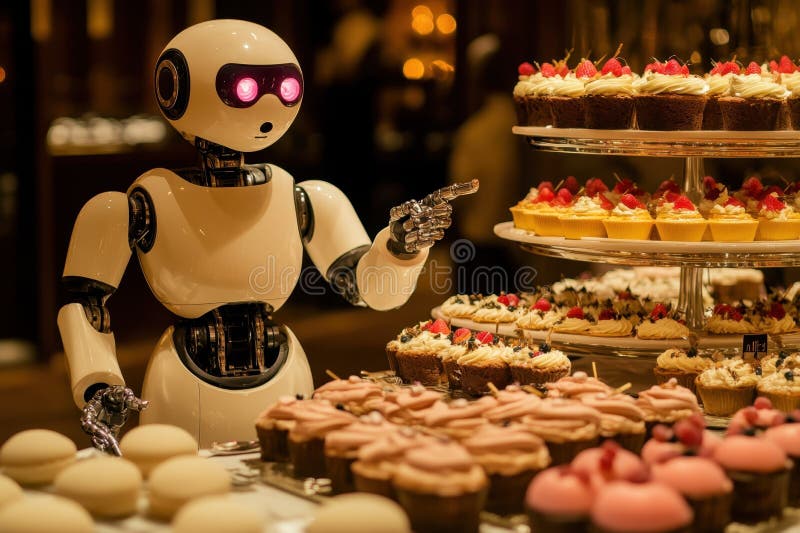 Robot Serves Cupcakes and Pastries in Upscale Bakery during Evening ...