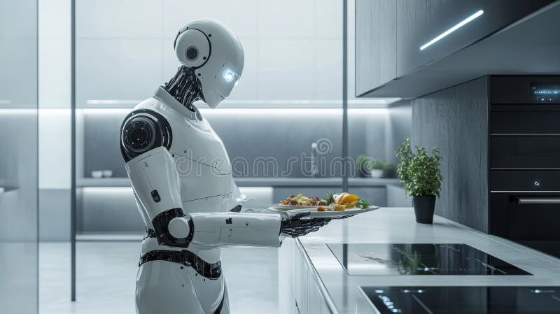 Robot Serves Food. White Robot in Kitchen. Modern Kitchen. Future ...
