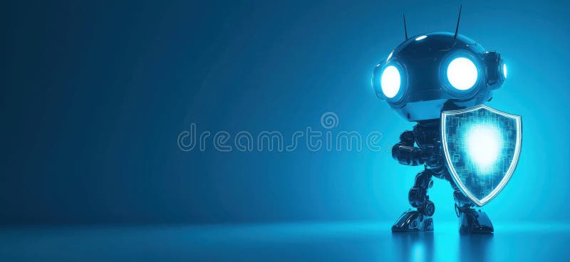 Robot with Shield, Futuristic Design, Blue Background, High-Tech ...