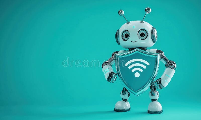 Robot with Shield Symbolizing WiFi Security and Protection, Friendly ...