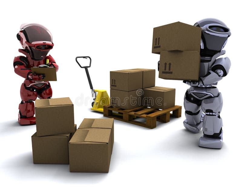 Robot with Shipping Boxes stock illustration. Illustration of cute ...
