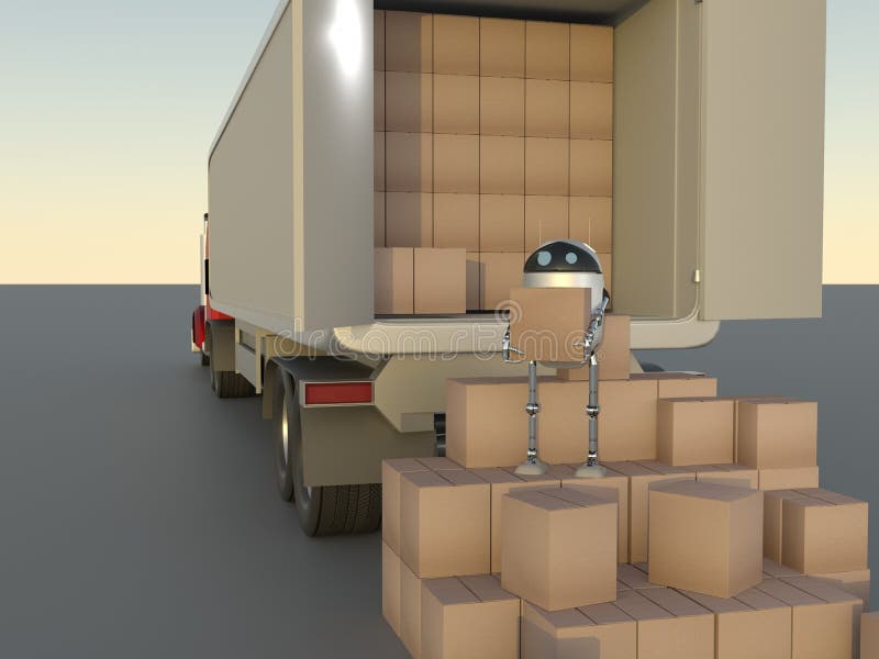 Robot with Shipping Boxes Load in Truck Render 3d Stock Illustration ...