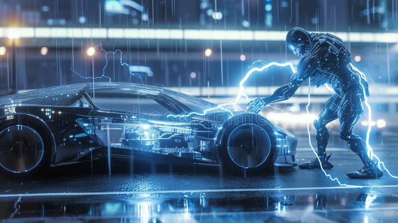 The Robot Shoots Lightning from Its Hand at the Car Stock Illustration ...