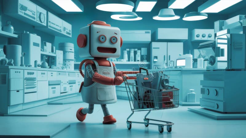 A Robot with a Shopping Cart in the Kitchen of an Apartment, AI Stock ...